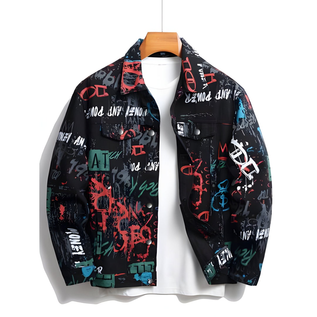 Graphic Denim Jacket Mens Black Denim Jacket Printed Jacket Loose Fit ...