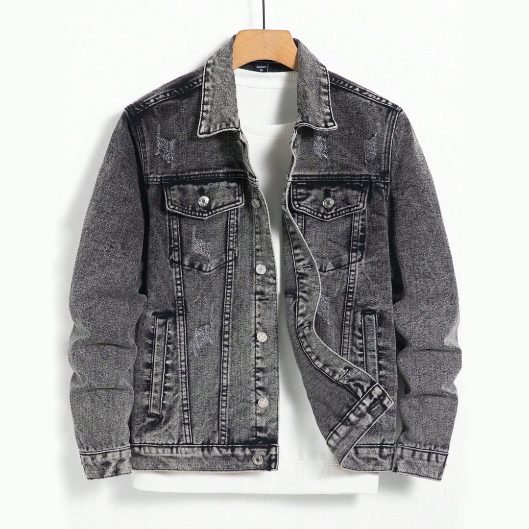 Distressed Denim Jacket Men Grey Denim Jacket Ripped Denim Jacket ...