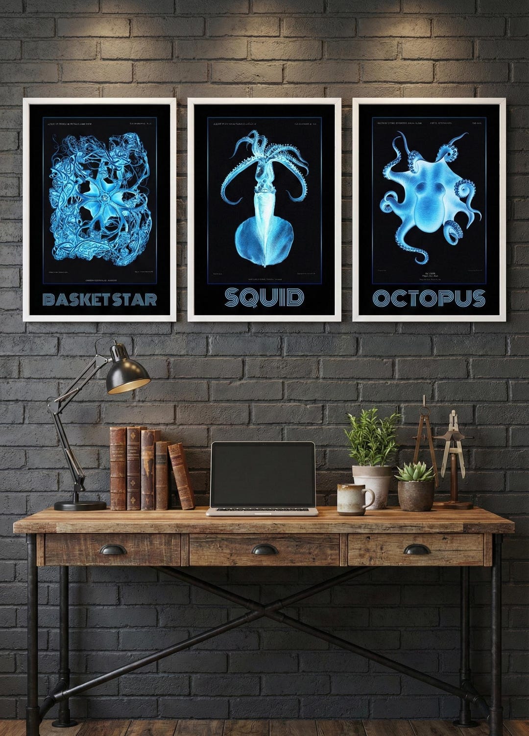 Deep Sea Wall Art Set of 3 | Electric Blue Marine Life Prints | Octopus ...