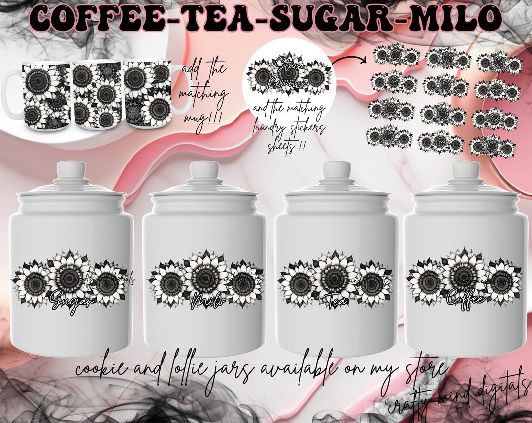 Tea, Coffee, Sugar, Milo Canisters Decal Uvdtf Wraps, White Sunflowers ...
