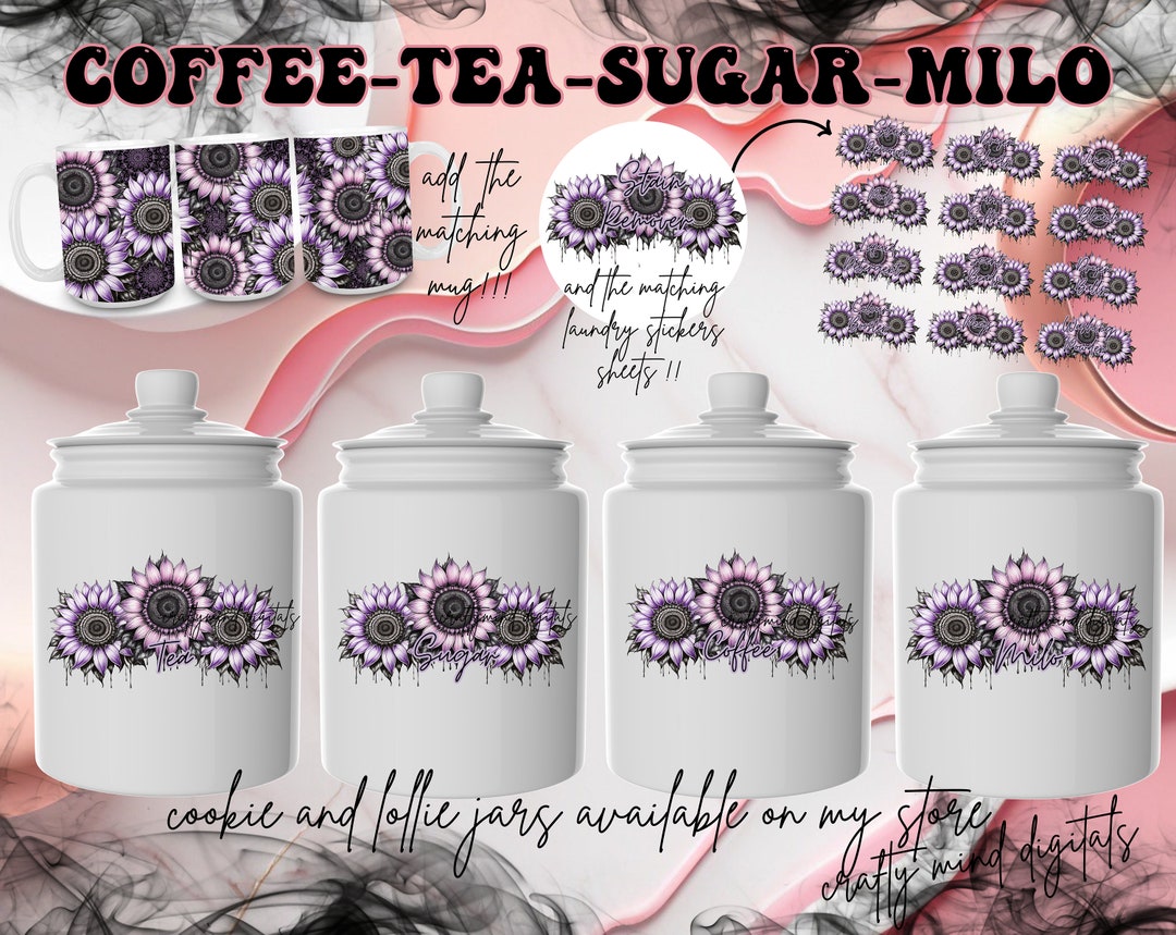 Tea, Coffee, Sugar, Milo Canisters Decal Uvdtf Wraps, Purple Sunflowers ...