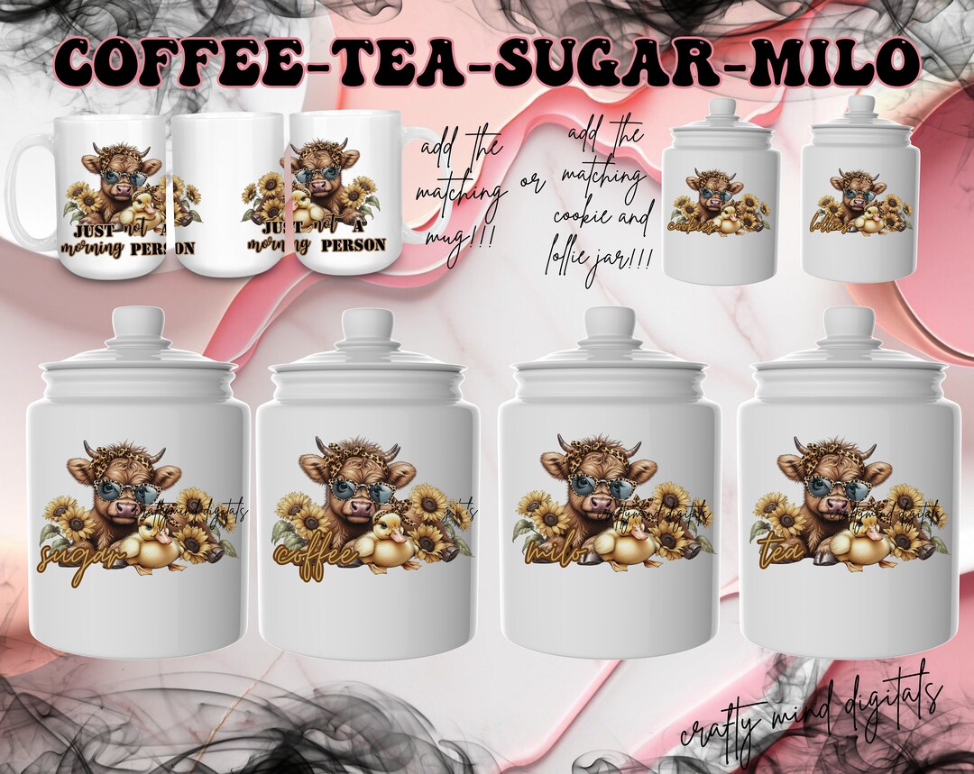 Tea, Coffee, Sugar, Milo Canisters Decal Uvdtf Wraps, Cute Cow With ...