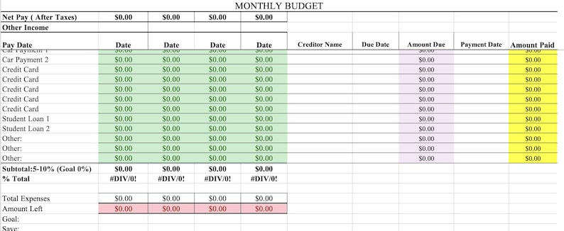 Monthly Budget Organizer - Excel Template - Etsy