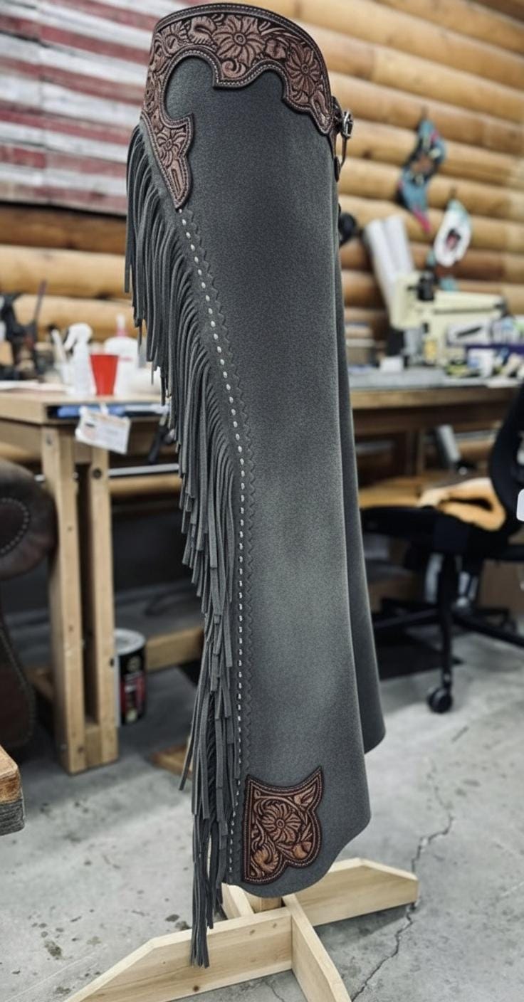 Custom Burgundy Suede Show Chaps – Tooled Leather Floral Yoke, Fringe ...