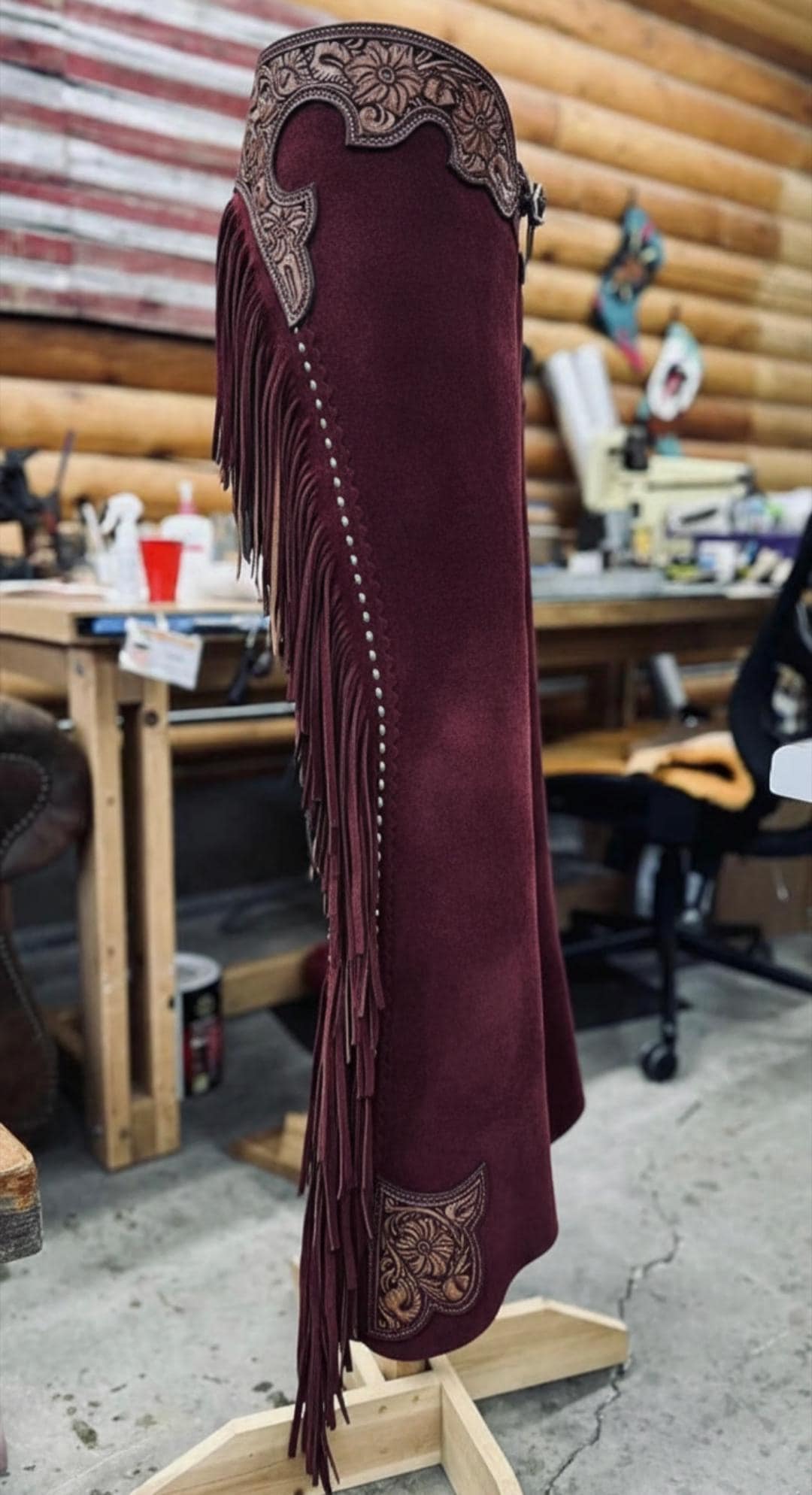 Custom Burgundy Suede Show Chaps – Tooled Leather Floral Yoke, Fringe ...