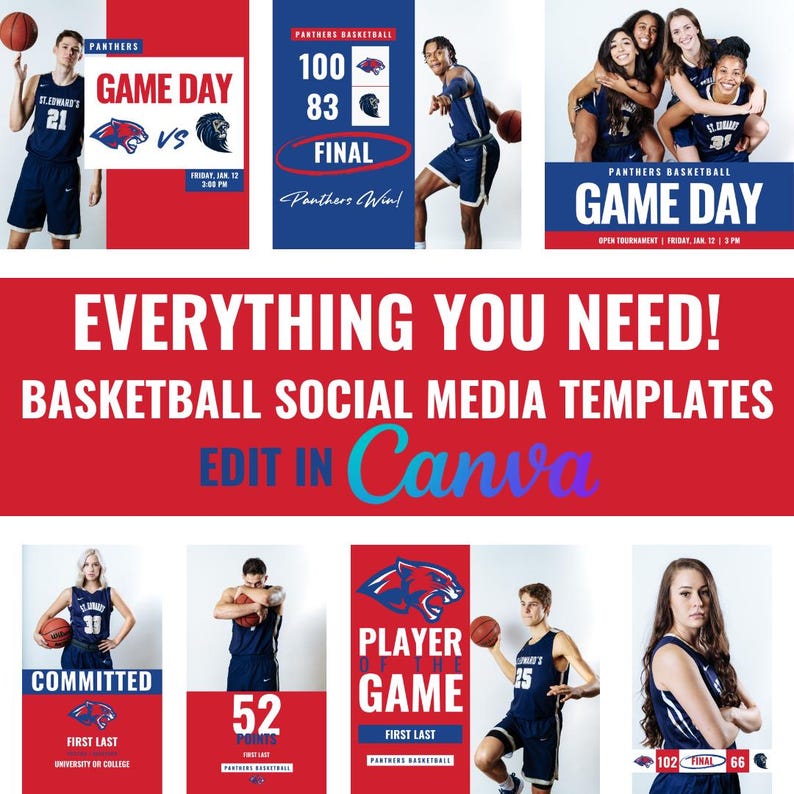 Basketball Social Media Canva Templates - 54 Editable Graphics - Game ...
