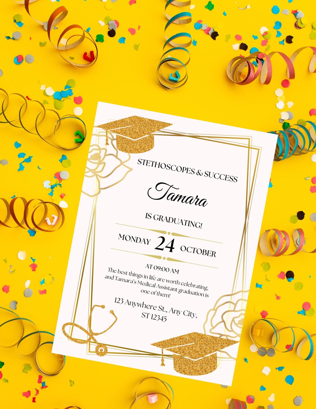 Medical Assistant Graduation Invitation | Gold Glitter (editable Canva ...