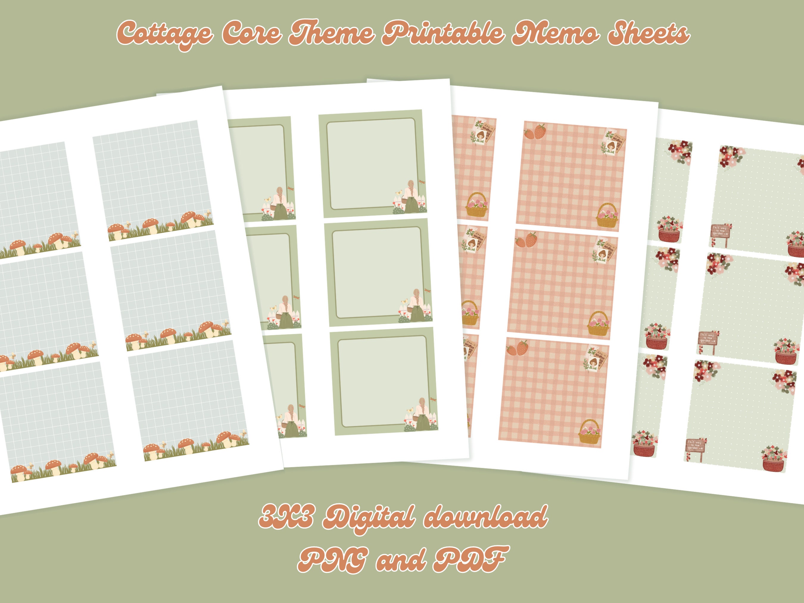 4 Designs Cottage Core Theme Printable Notepad 3x3 Inch Digital ...