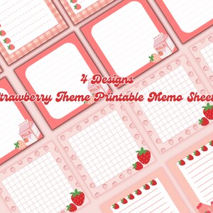 4 Designs Strawberry Theme Printable Notepad 3x3 Inch Digital Download ...