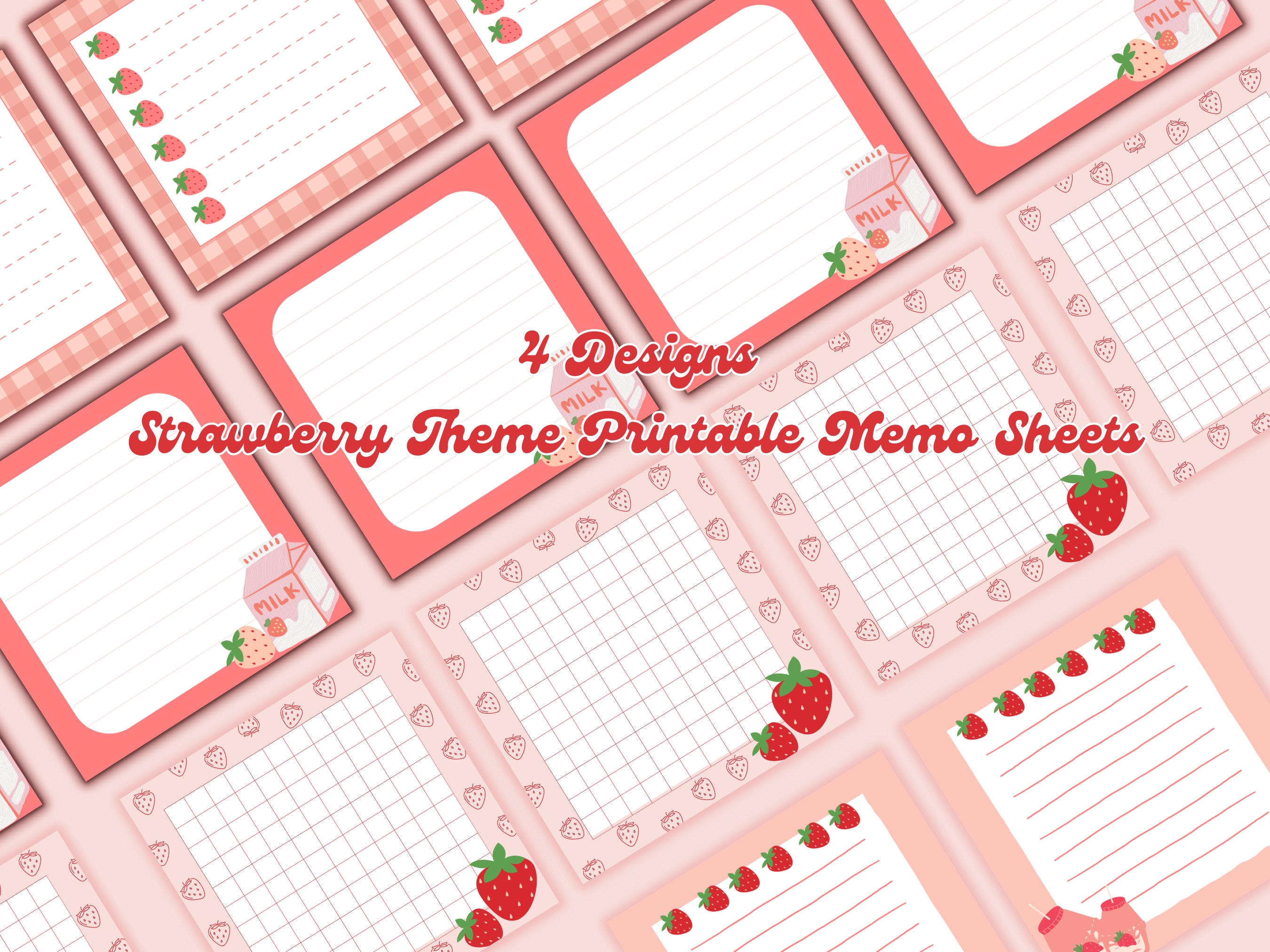 4 Designs Strawberry Theme Printable Notepad 3x3 Inch Digital Download ...