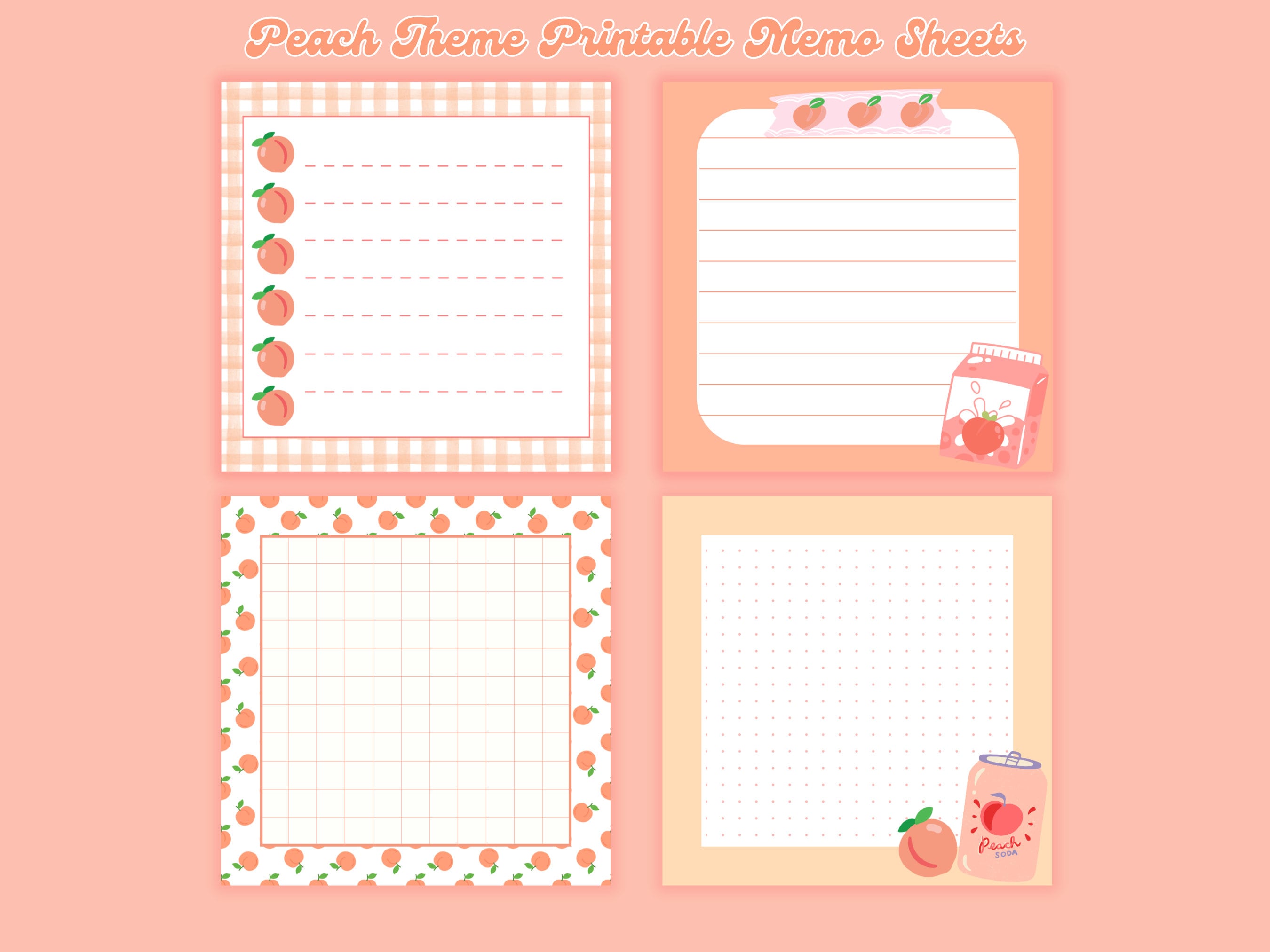 4 Designs Peach Theme Printable Notepad 3x3 Inch Digital Download Memo ...