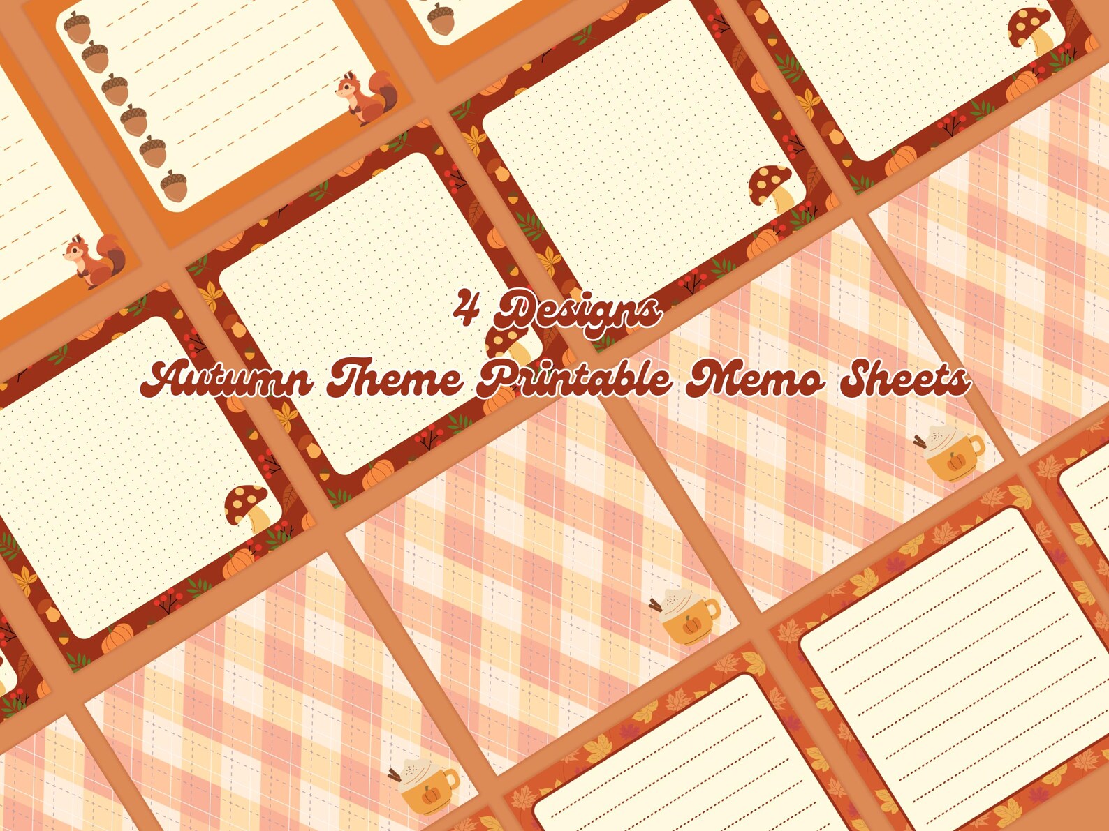 4 Designs Autumn Theme Printable Notepad 3x3 Inch Digital Download Memo ...