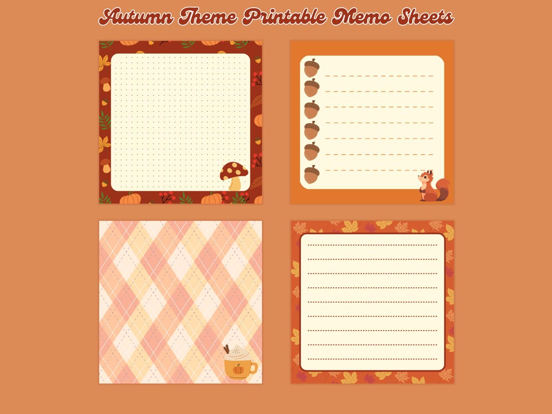 4 Designs Autumn Theme Printable Notepad 3x3 Inch Digital Download Memo ...