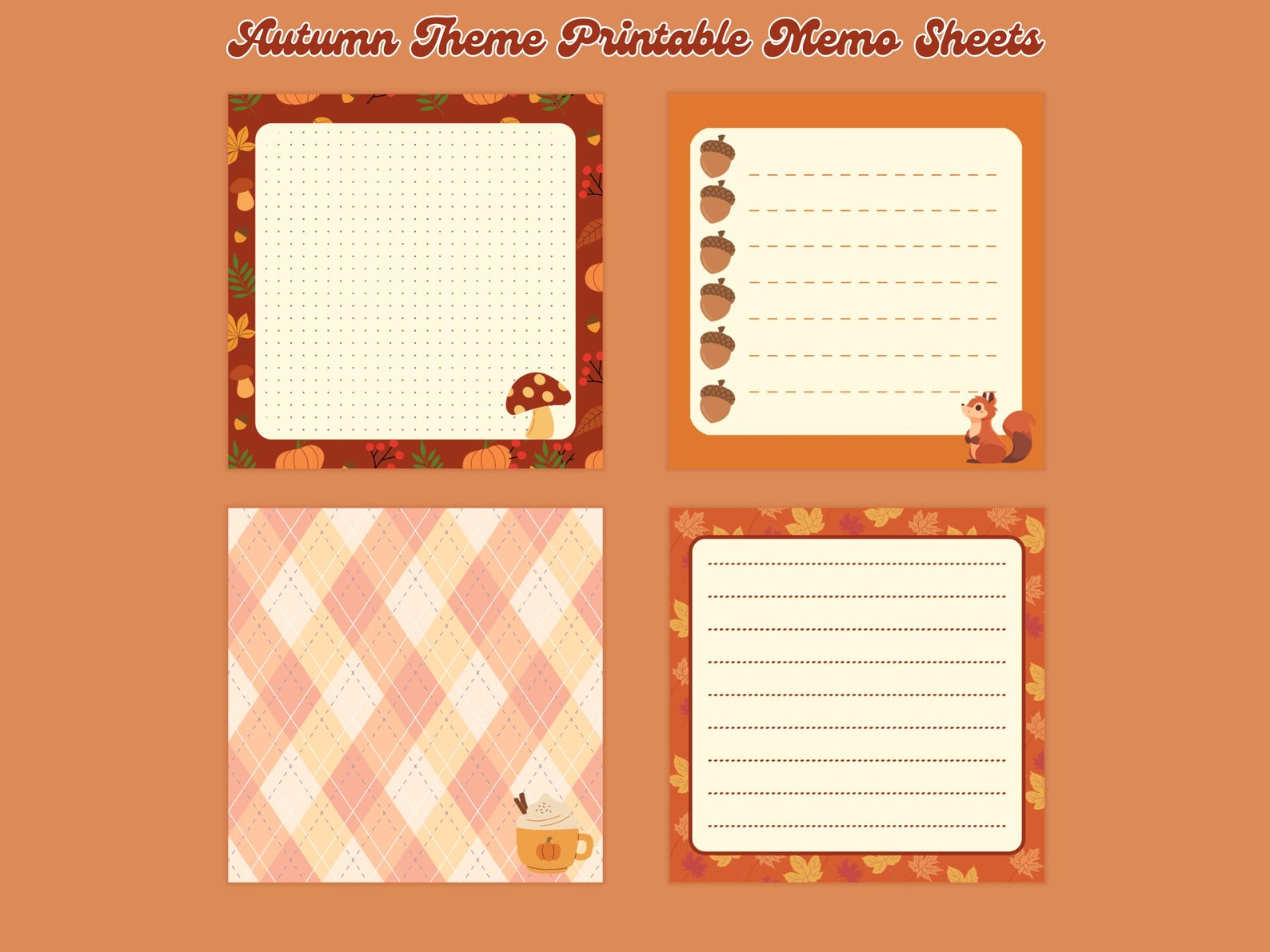 4 Designs Autumn Theme Printable Notepad 3x3 Inch Digital Download Memo ...