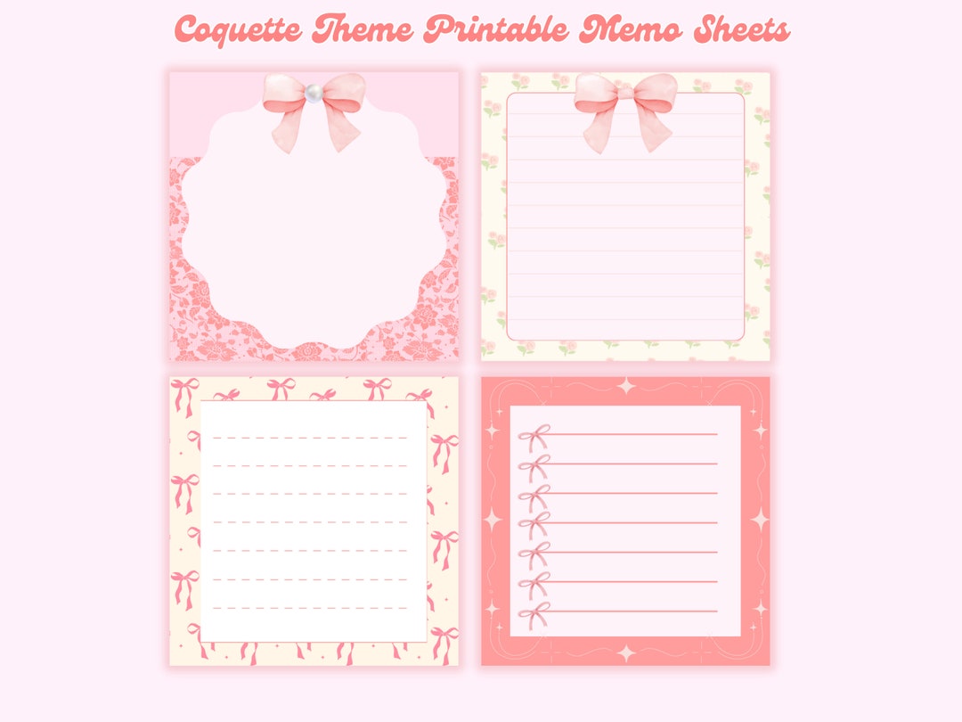 4 Designs Coquette Theme Printable Notepad Cute Stationery Digital Note ...