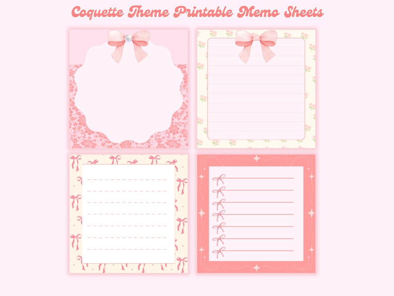 4 Designs Coquette Theme Printable Notepad Cute Stationery Digital Note ...