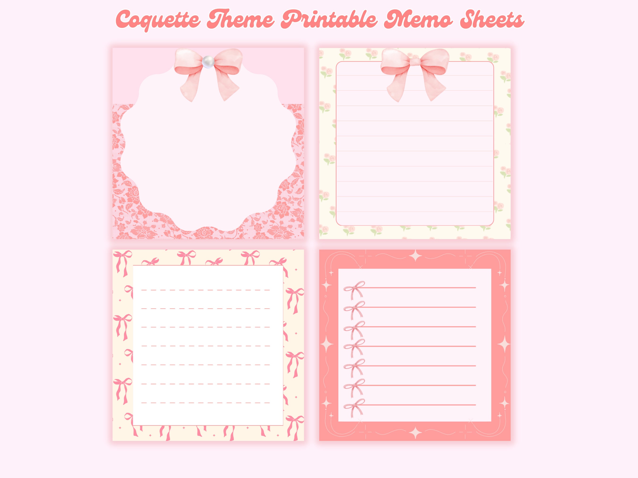 4 Designs Coquette Theme Printable Notepad Cute Stationery Digital Note ...