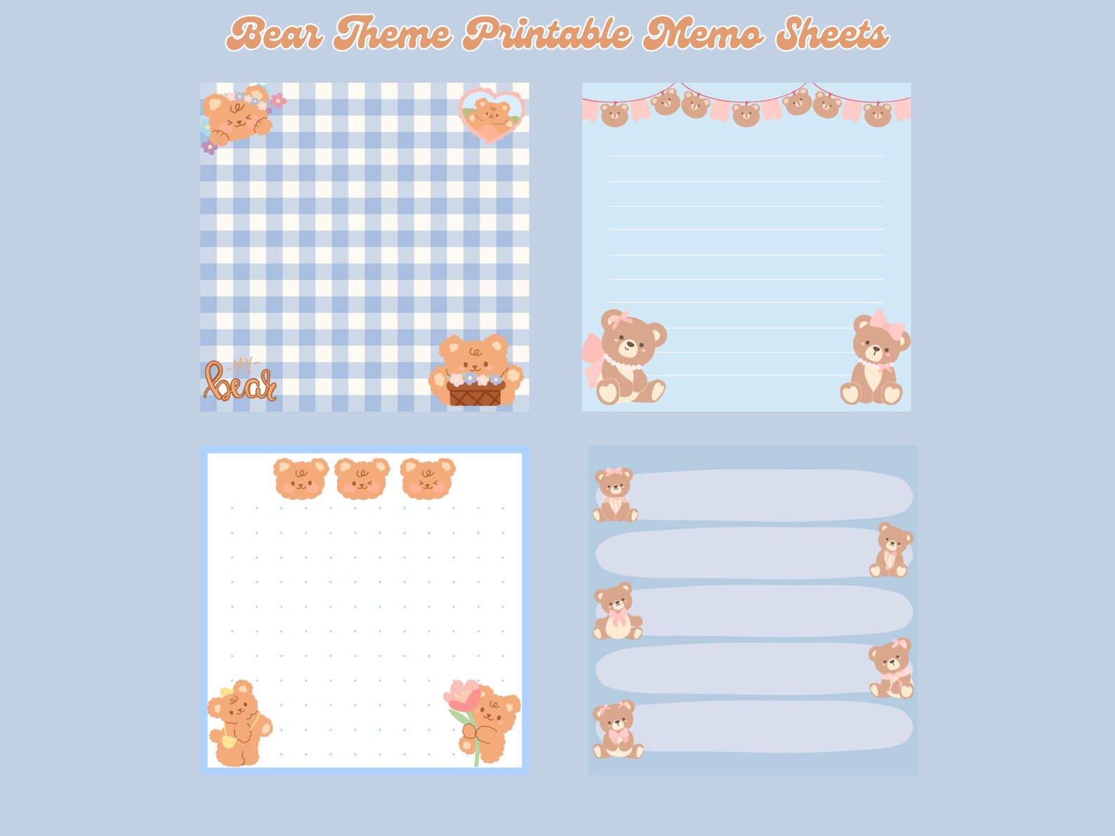 4 Designs Bear Theme Printable Notepad 3x3 Inch Digital Download Memo ...