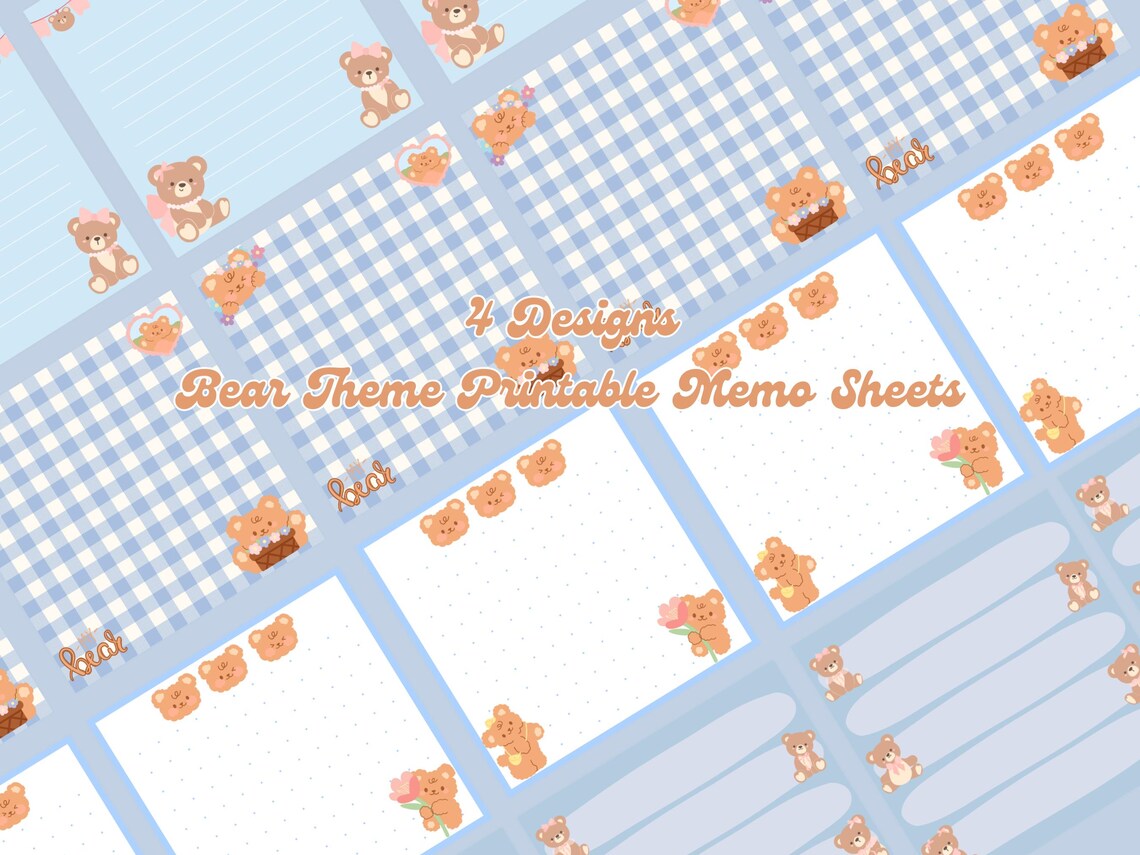 4 Designs Bear Theme Printable Notepad 3x3 Inch Digital Download Memo ...