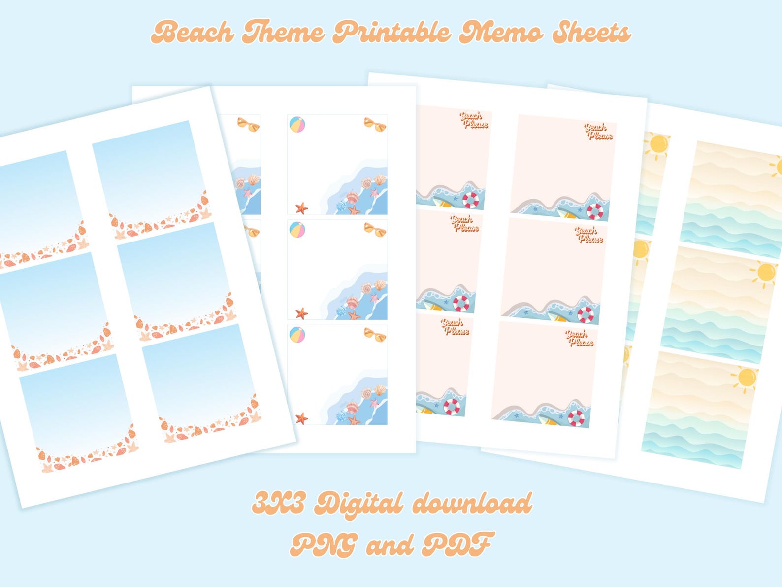 4 Designs Beach Theme Printable Notepad 3x3 Inch Digital Download Memo ...