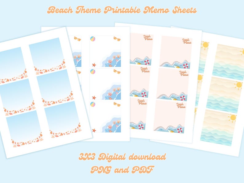 4 Designs Beach Theme Printable Notepad 3x3 Inch Digital Download Memo ...