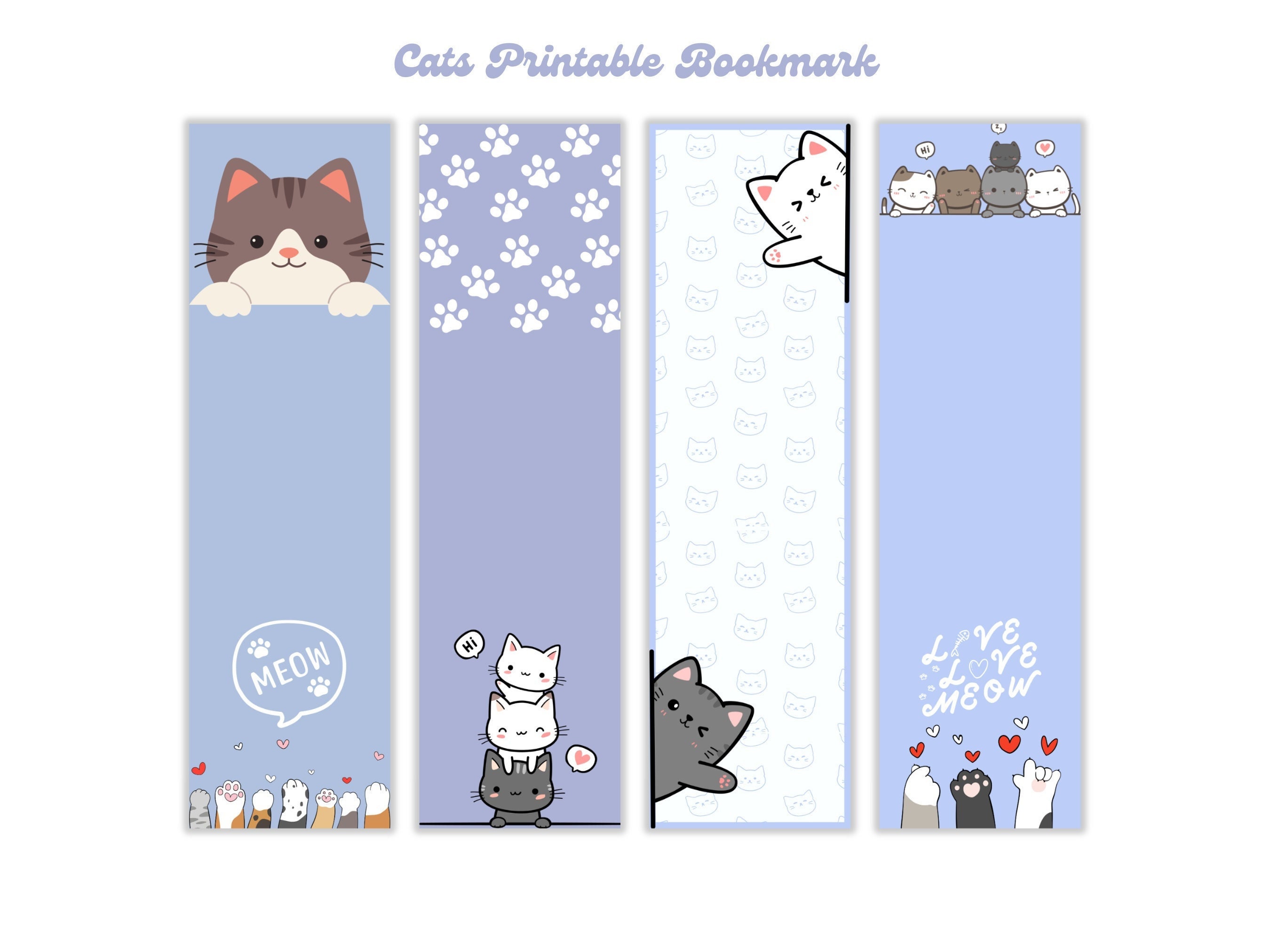 4 Designs Cats Printable Bookmark Digital Bookmark Download PNG and PDF ...