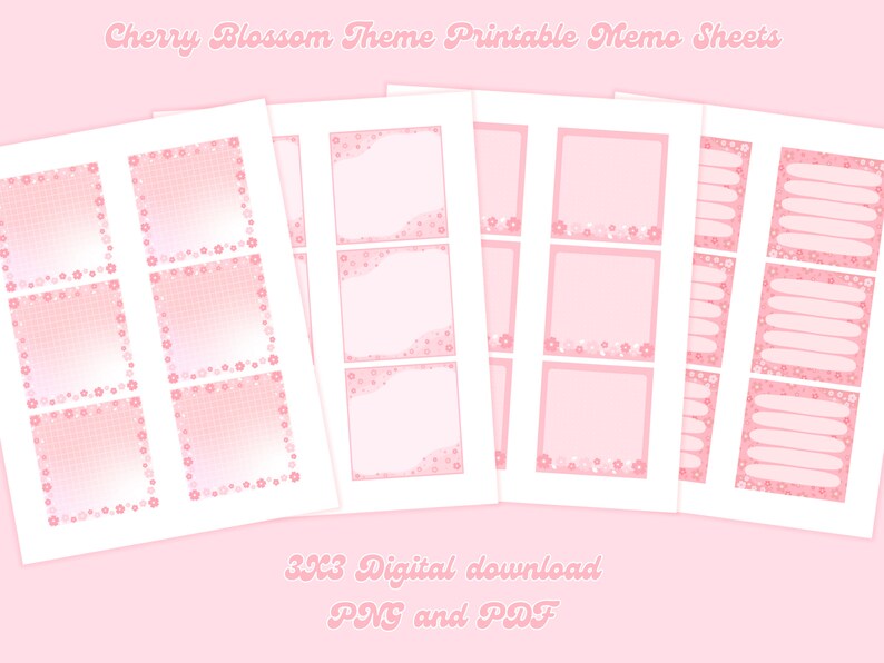 4 Designs Cherry Blossom Theme Printable Notepad 3x3 Inch Digital ...
