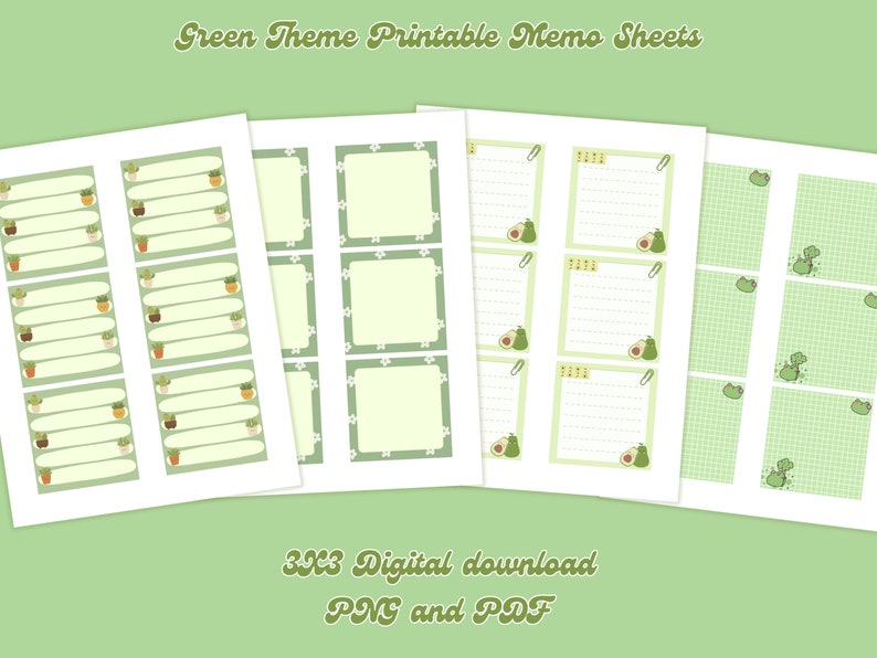 4 Designs Green Theme Printable Notepad 3x3 Inch Digital Download Memo ...