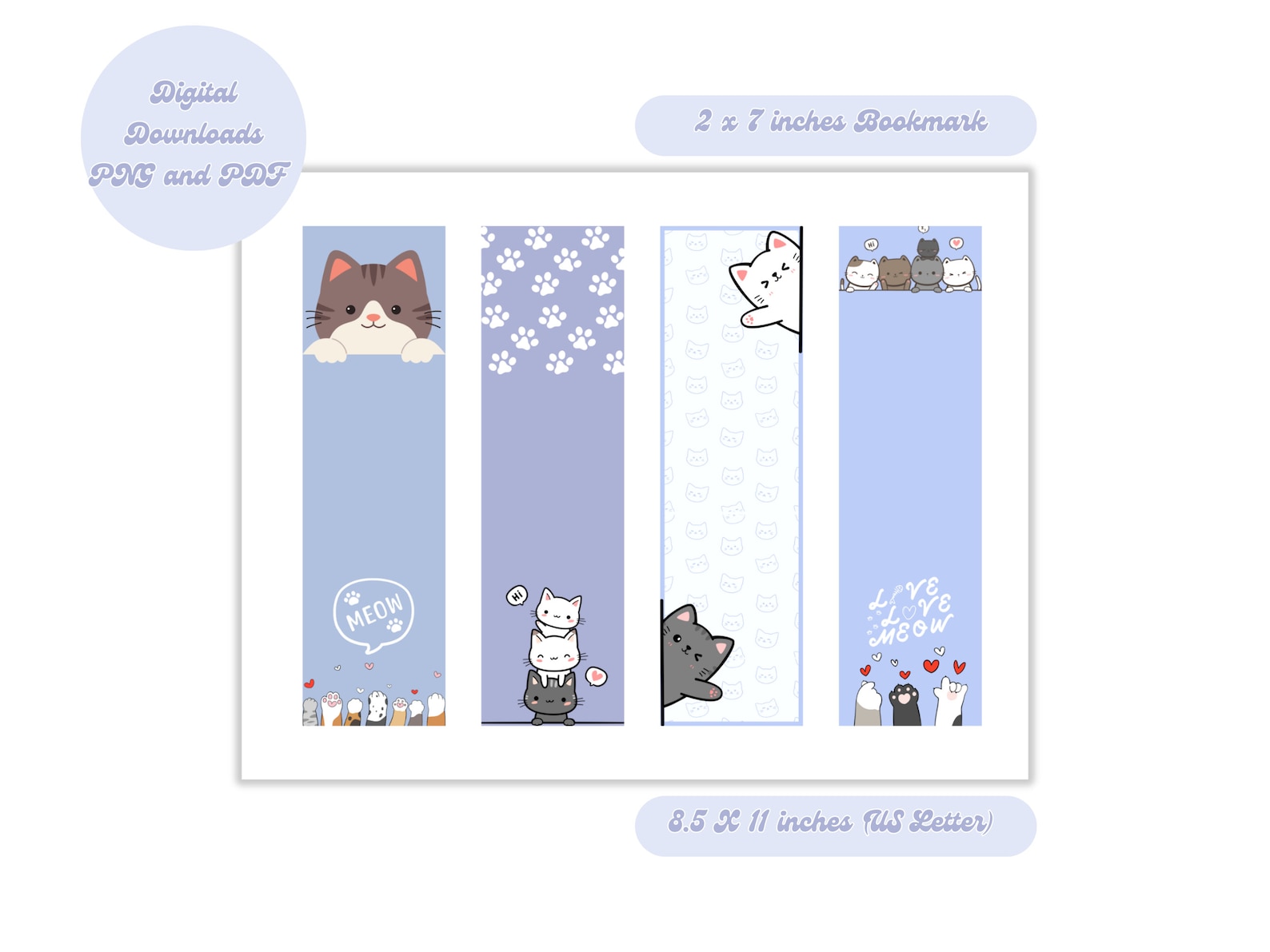 4 Designs Cats Printable Bookmark Digital Bookmark Download PNG and PDF ...