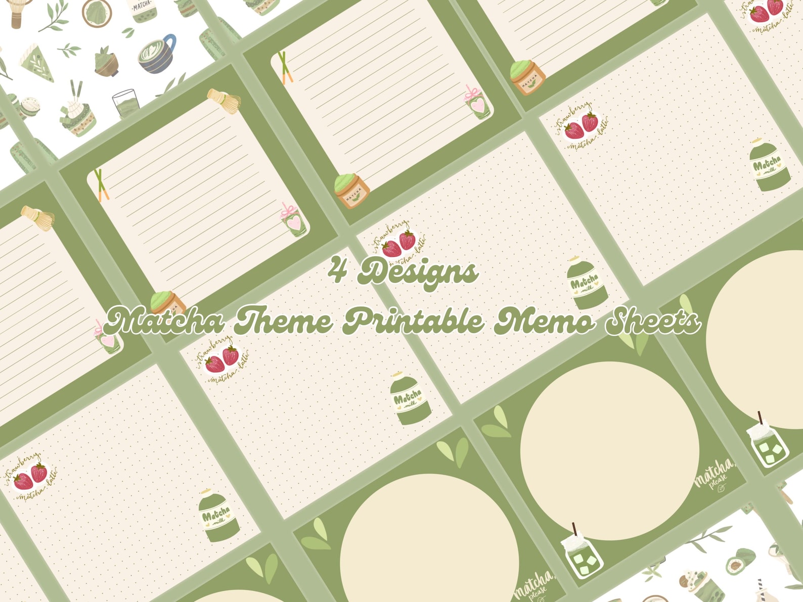 4 Designs Matcha Theme Printable Notepad 3x3 Inch Digital Download Memo ...