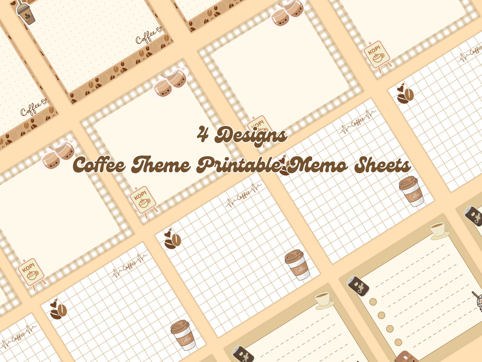 4 Designs Coffee Theme Printable Notepad 3x3 Inch Digital Download Memo ...