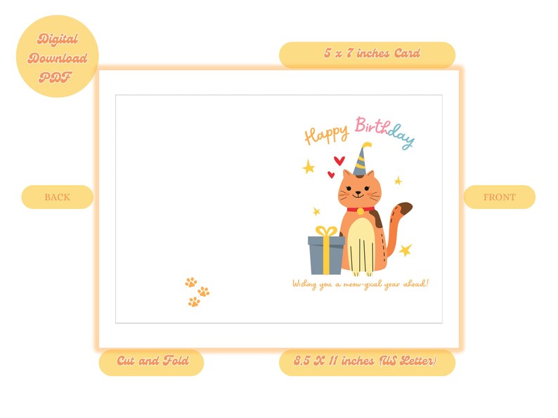 Cat Birthday Greeting Card Printable Happy Birthday 5x7 Inch DIY Card ...