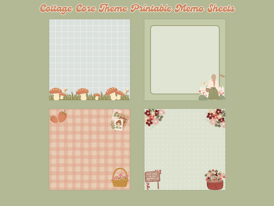4 Designs Cottage Core Theme Printable Notepad 3x3 Inch Digital ...
