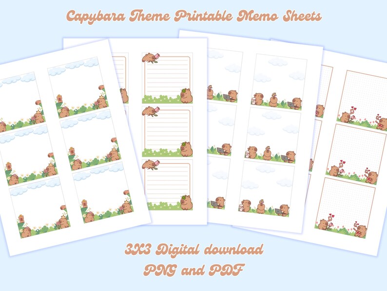 4 Designs Capybara Theme Printable Notepad 3x3 Inch Digital Download ...