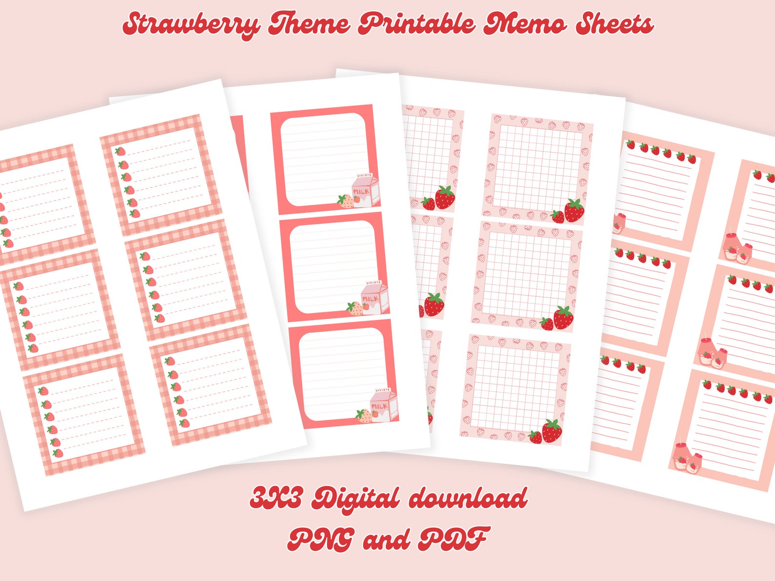 4 Designs Strawberry Theme Printable Notepad 3x3 Inch Digital Download ...