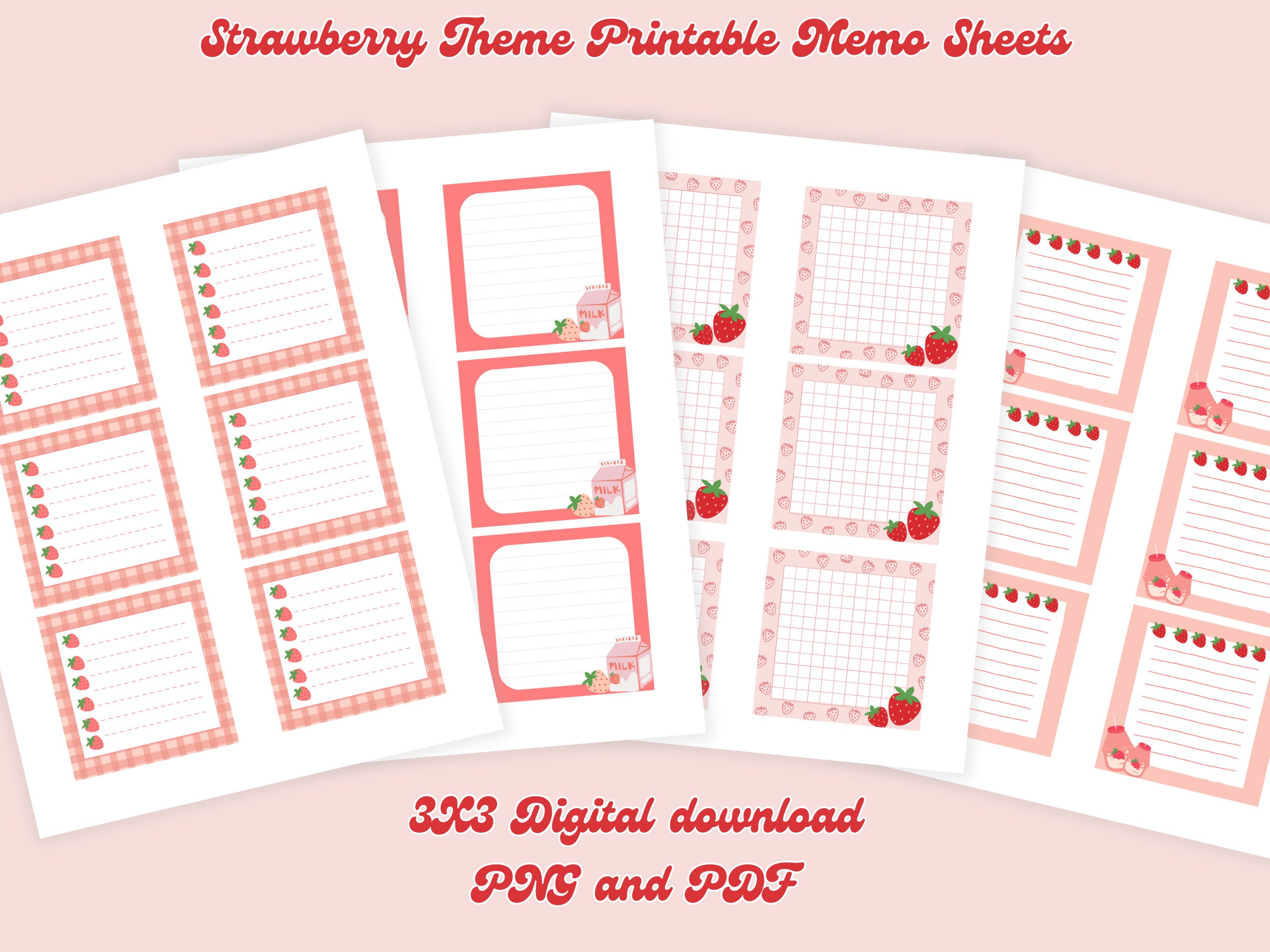 4 Designs Strawberry Theme Printable Notepad 3x3 Inch Digital Download ...