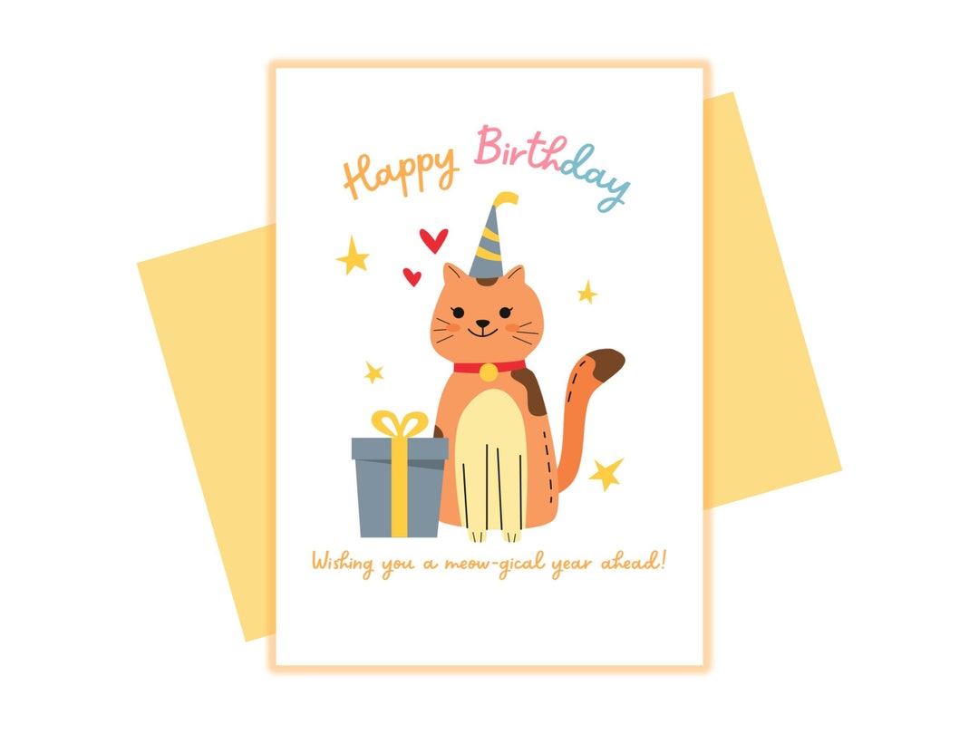 Cat Birthday Greeting Card Printable Happy Birthday 5x7 Inch DIY Card ...