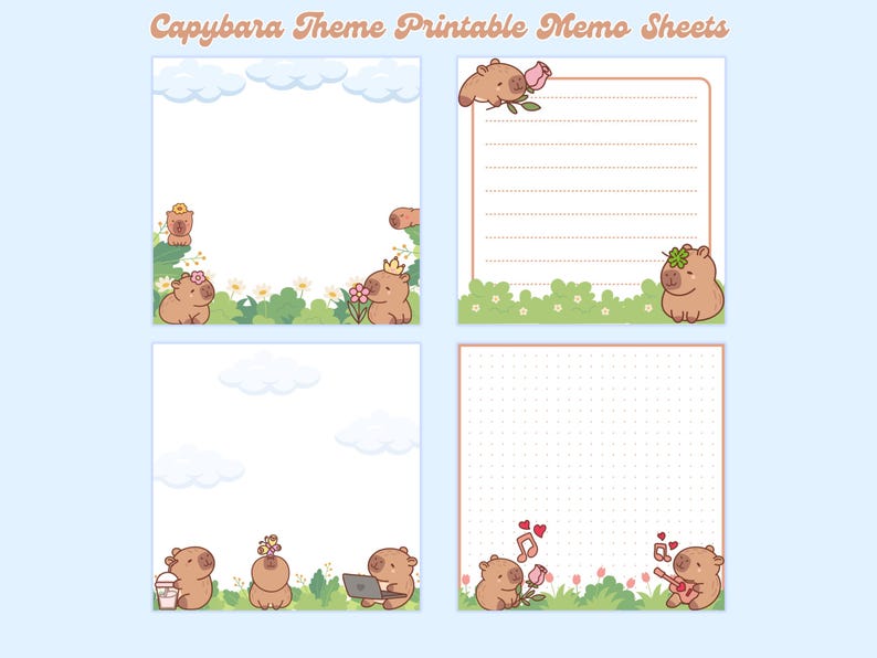 4 Designs Capybara Theme Printable Notepad 3x3 Inch Digital Download ...