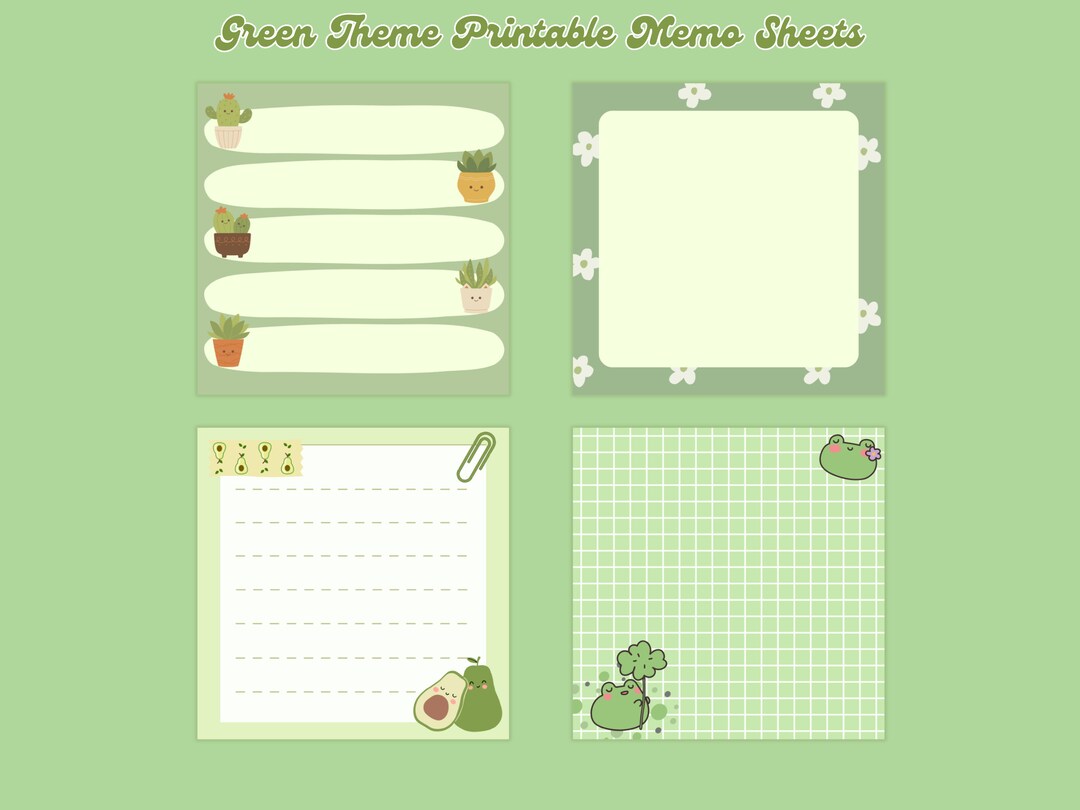 4 Designs Green Theme Printable Notepad 3x3 Inch Digital Download Memo ...