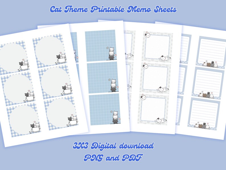 4 Designs Cat Theme Printable Notepad 3x3 Inch Digital Download Memo ...