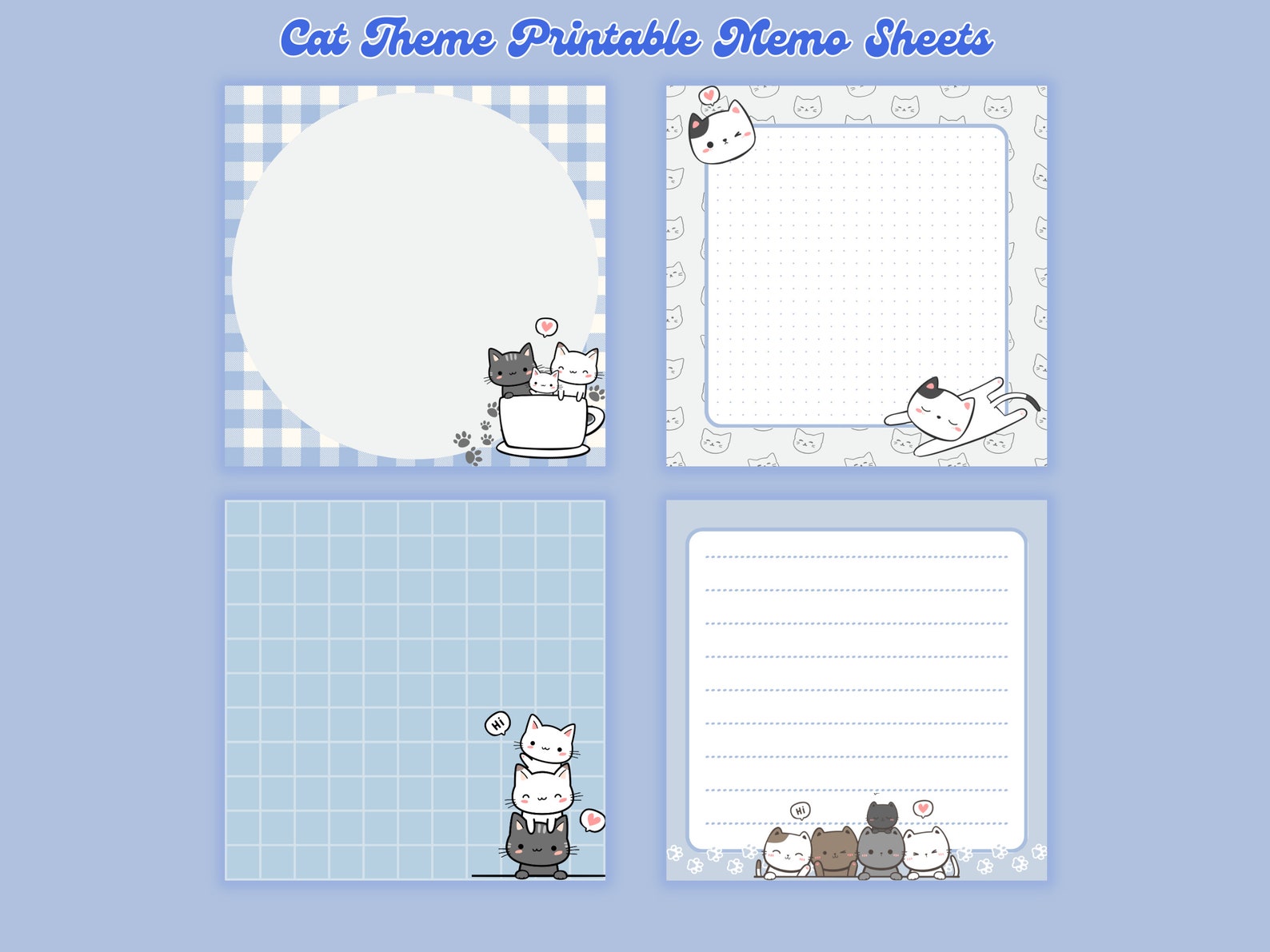 4 Designs Cat Theme Printable Notepad 3x3 Inch Digital Download Memo ...
