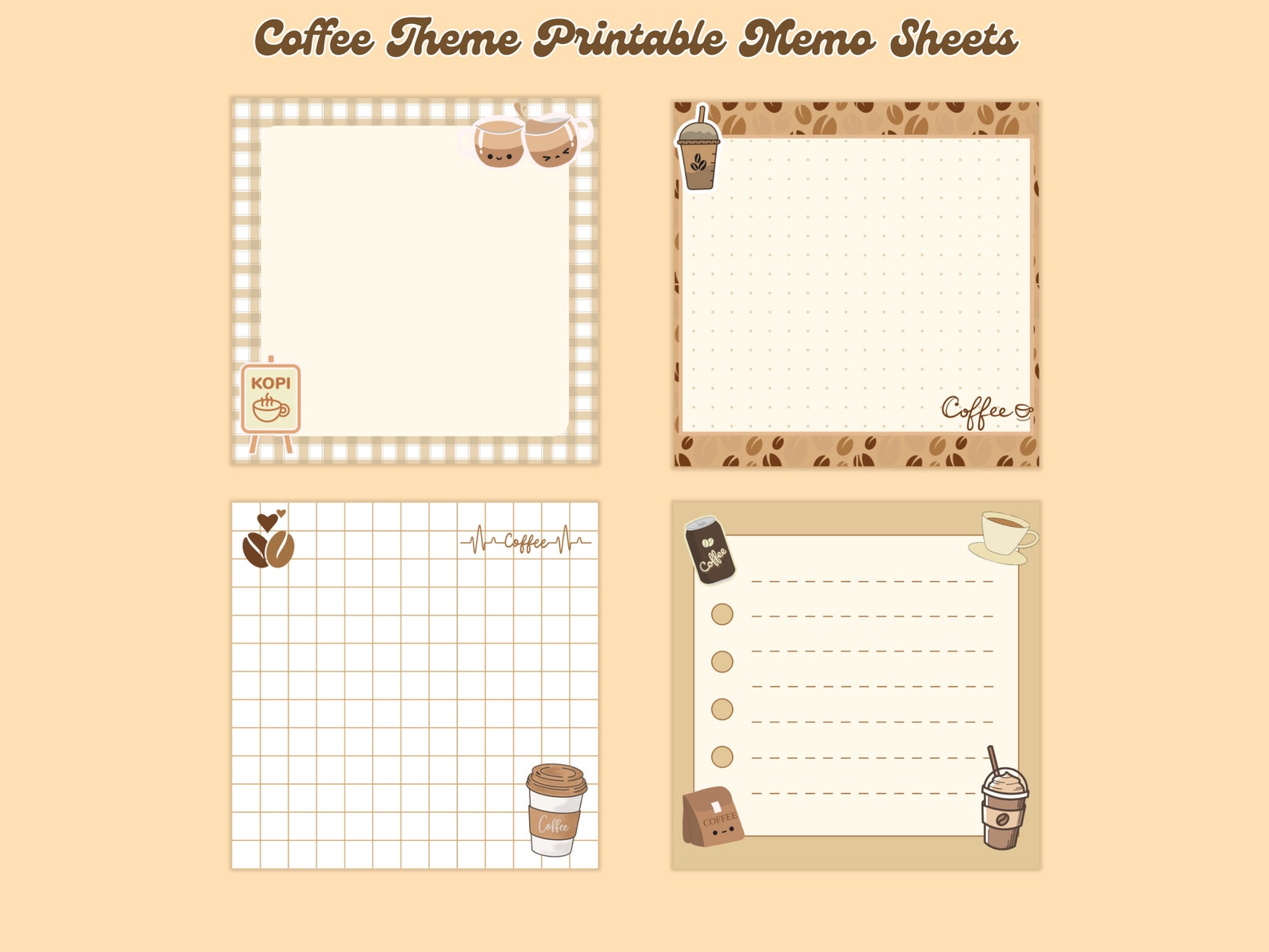 4 Designs Coffee Theme Printable Notepad 3x3 Inch Digital Download Memo Sheets Cute Notepads ...