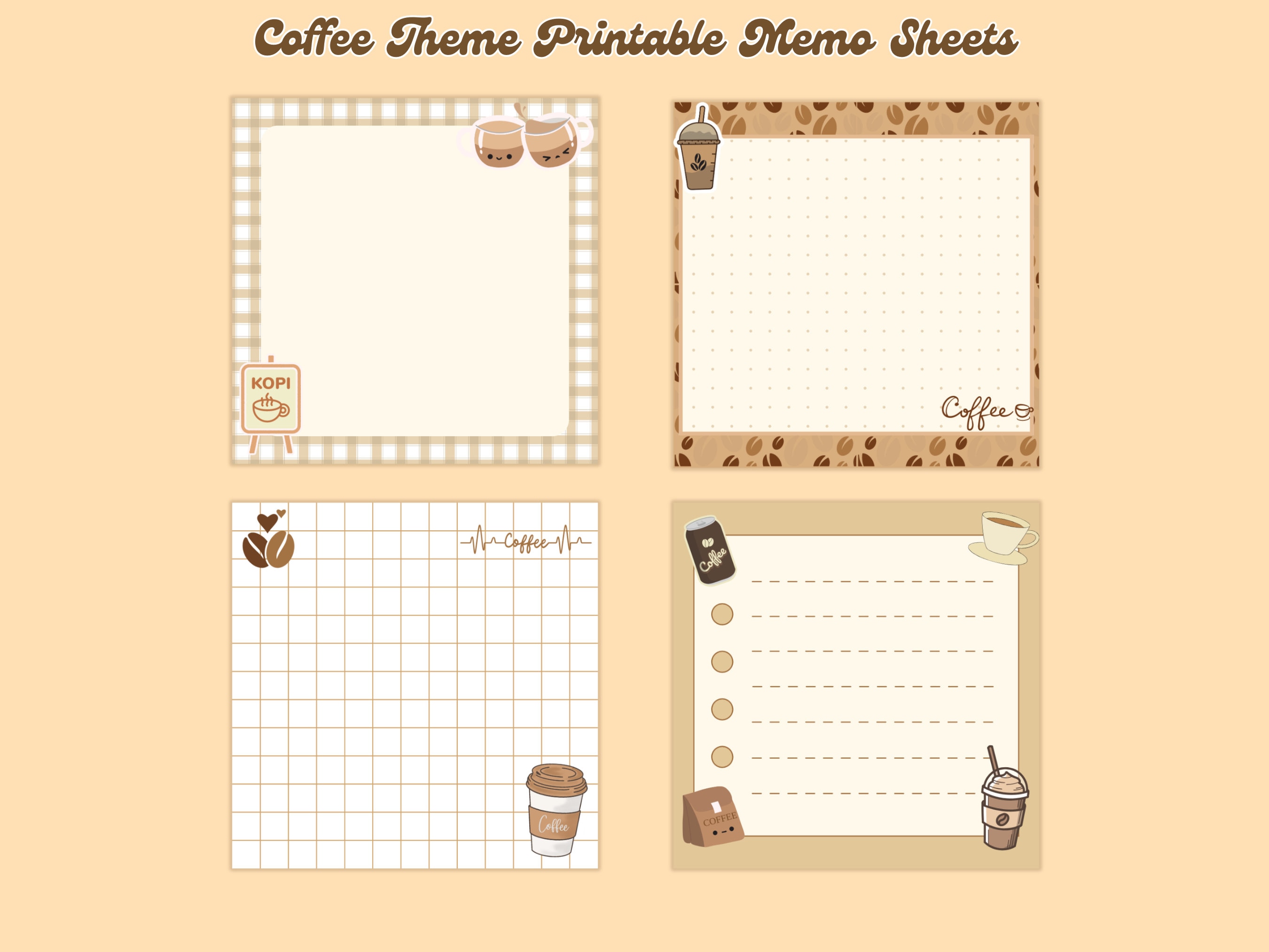 4 Designs Coffee Theme Printable Notepad 3x3 Inch Digital Download Memo ...