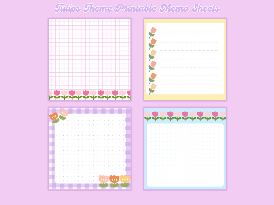 4 Designs Tulips Theme Printable Notepad 3x3 Inch Digital Download Memo ...