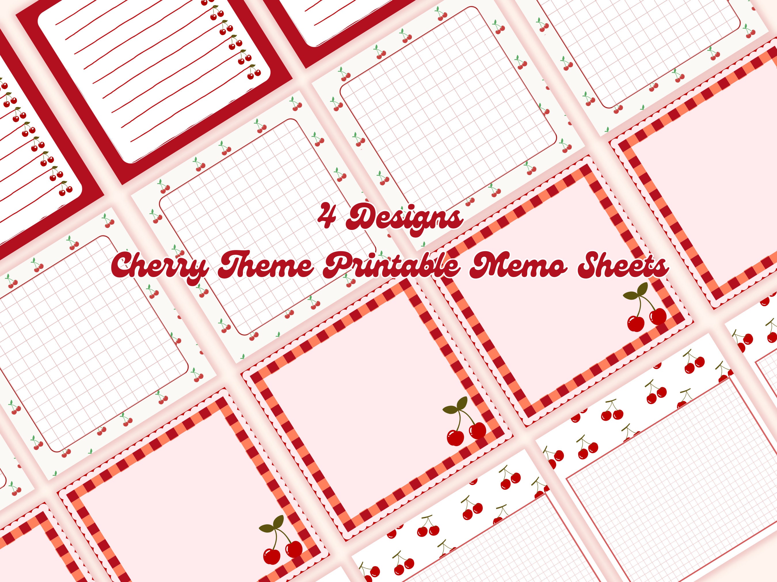 4 Designs Cherry Theme Printable Notepad 3x3 Inch Digital Download Memo ...
