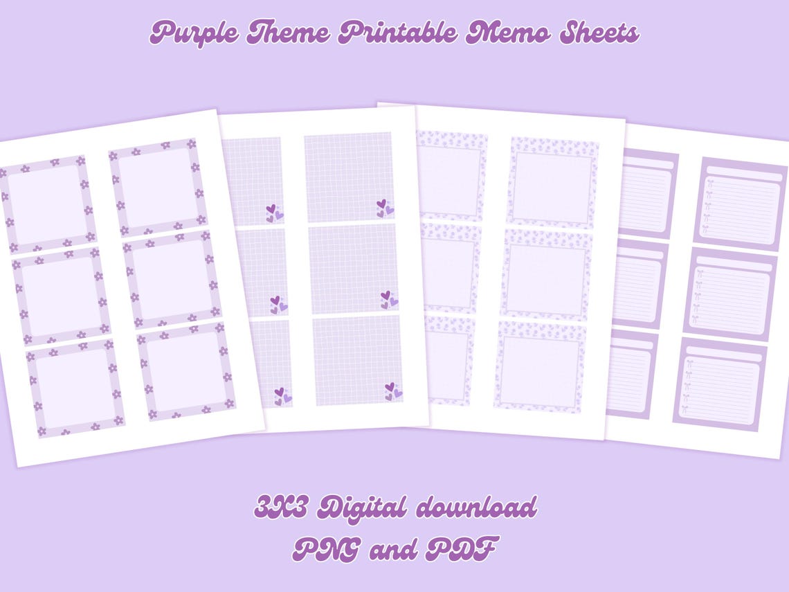 4 Designs Purple Theme Printable Notepad 3x3 Inch Digital Download Memo ...