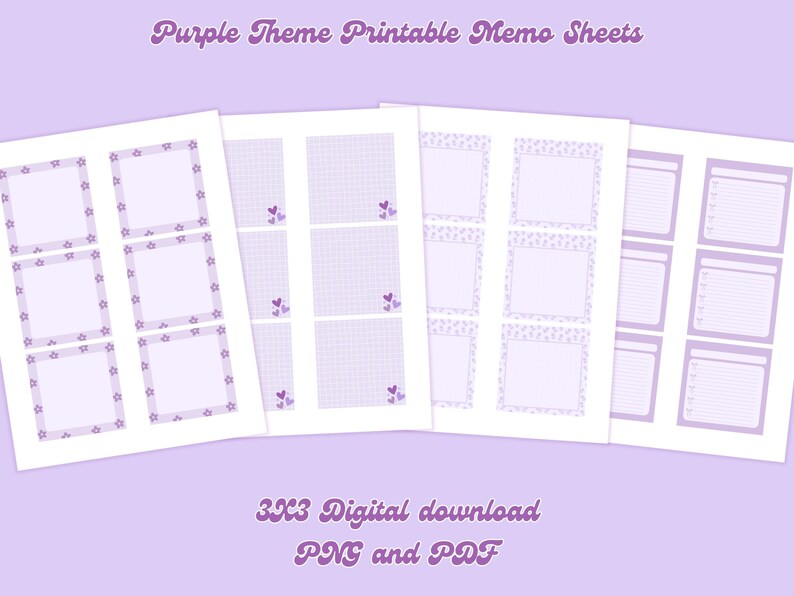 4 Designs Purple Theme Printable Notepad 3x3 Inch Digital Download Memo ...