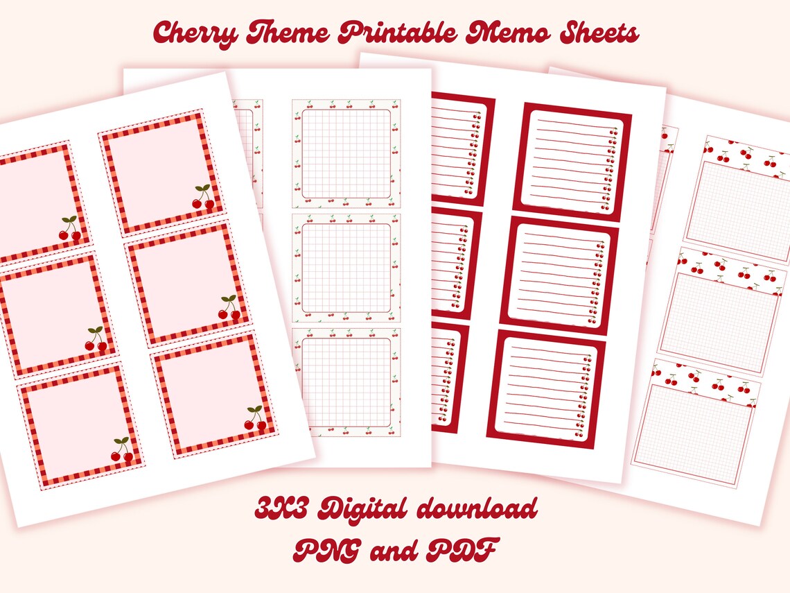 4 Designs Cherry Theme Printable Notepad 3x3 Inch Digital Download Memo ...