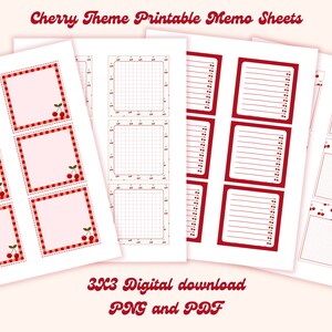 4 Designs Cherry Theme Printable Notepad 3x3 Inch Digital Download Memo ...