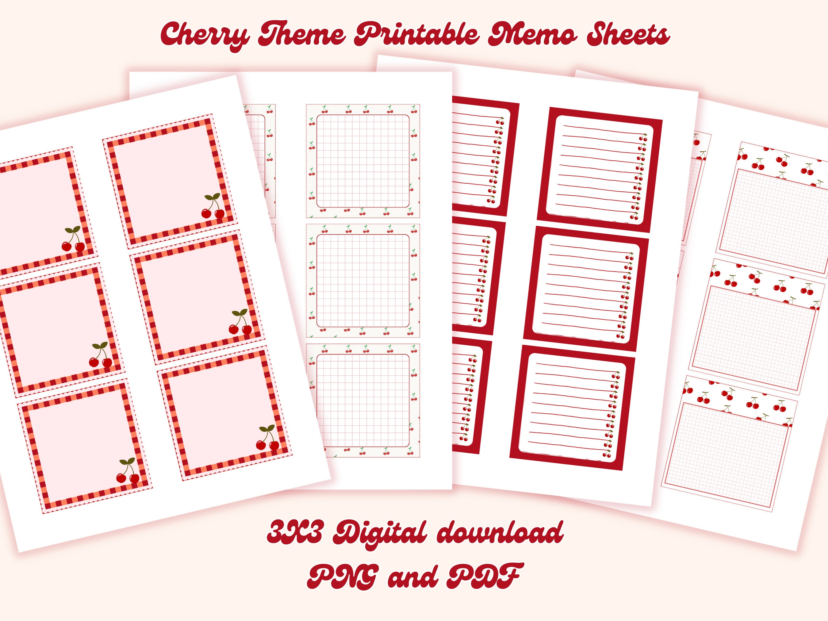 4 Designs Cherry Theme Printable Notepad 3x3 Inch Digital Download Memo ...